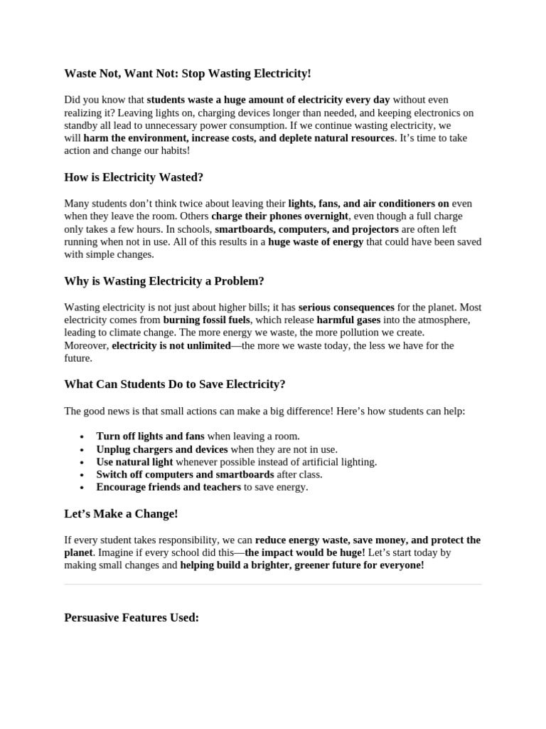 persuasive -Waste Not, Want Not- Stop Wasting Electricity! | PDF