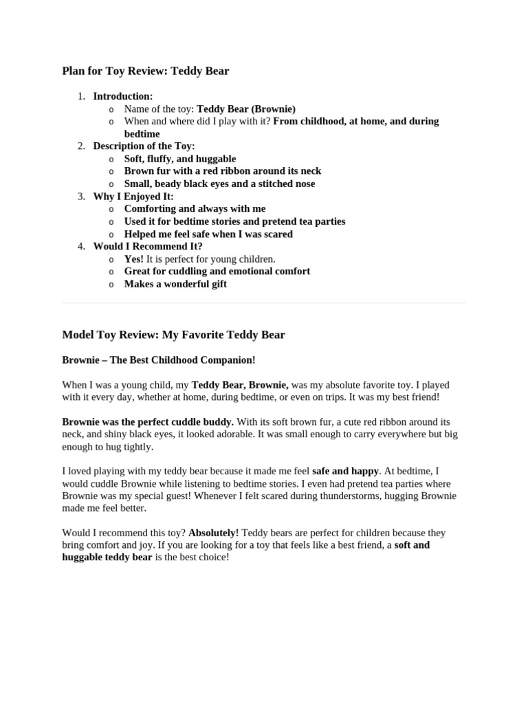 Plan For Toy Review - Teddy Bear | PDF