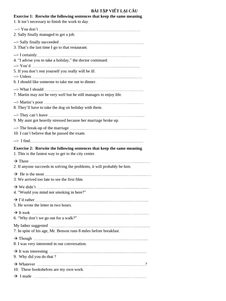Sentence Rewriting Exercises | PDF