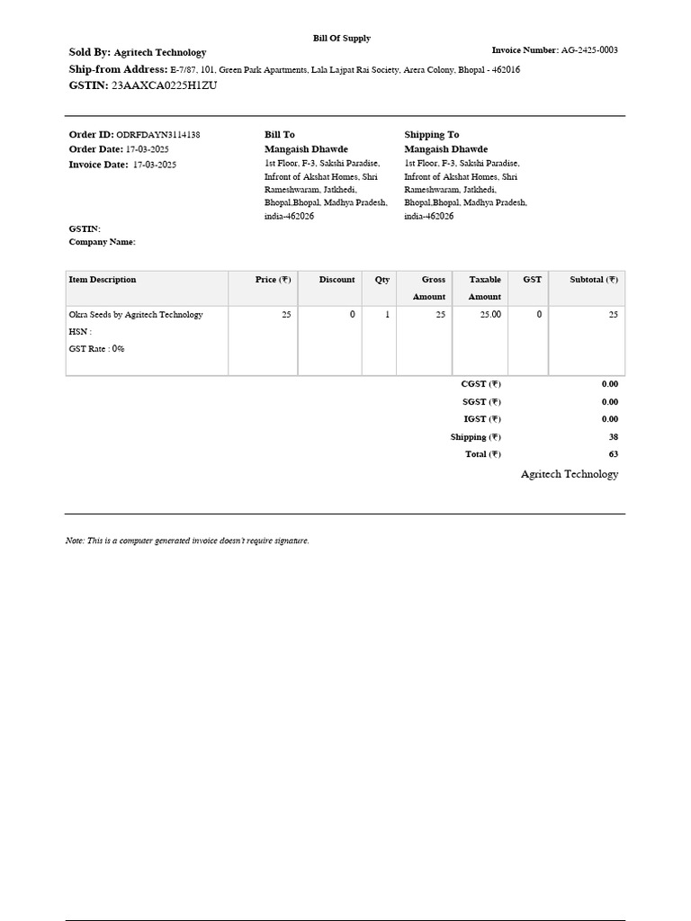 Invoice AG-2425 for Okra Seeds | PDF | Government Finances | Public ...