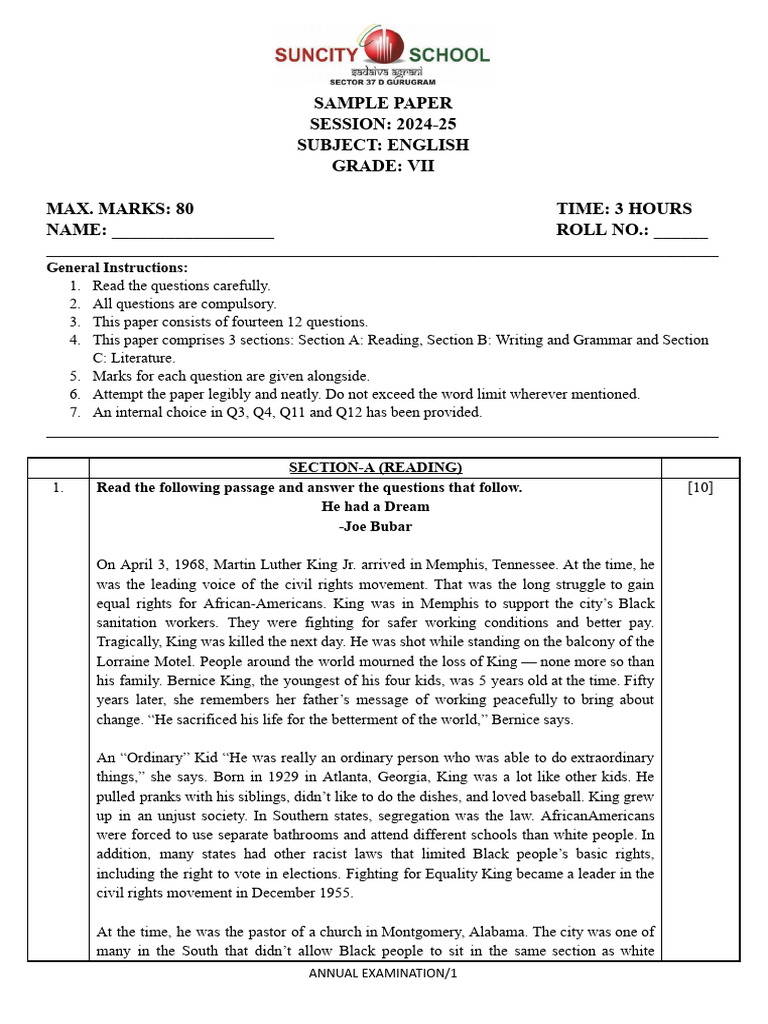 Grade VII English Sample Paper 2024-25 | PDF