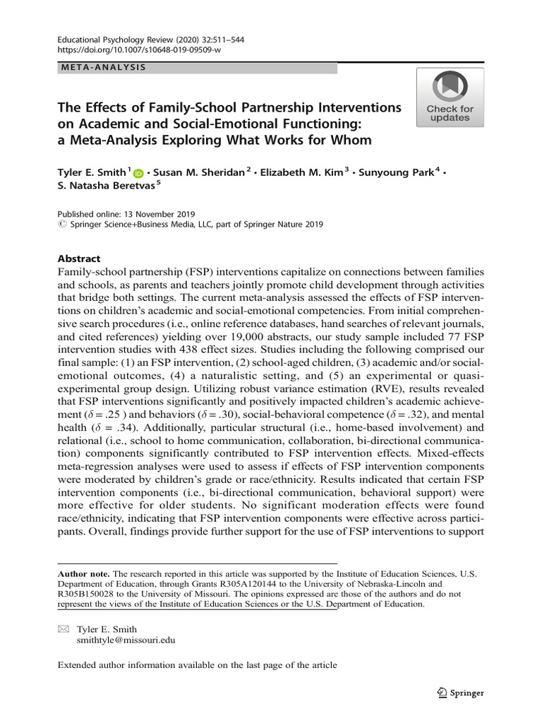 The Effects of Family-School Partnership Interventions on Academic and Social-Emotional ...