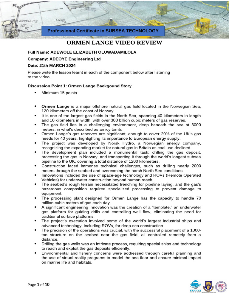 ORMEN LANGE VIDEO REVIEW (AutoRecovered) | PDF | Pipe (Fluid Conveyance)