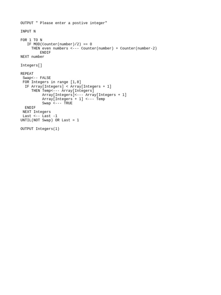 Pseudocode To Calculate The Sum of All Even Numbers in A Certain Range | PDF