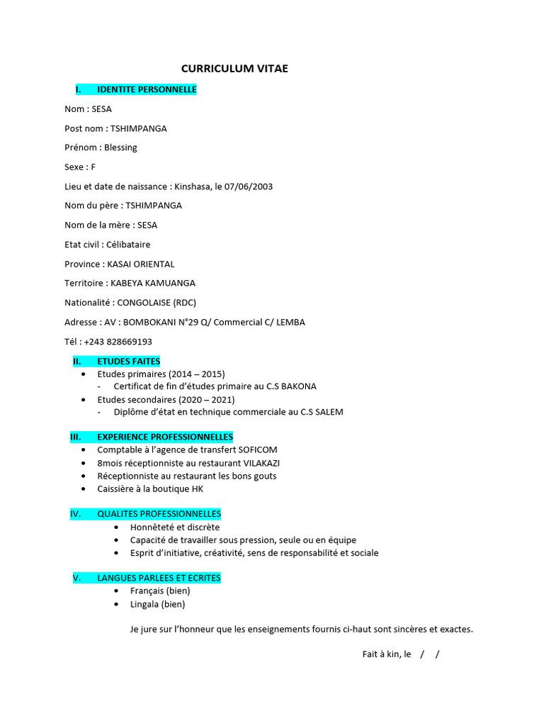 CV de Blessing Sesa - Compétences et Expériences | PDF
