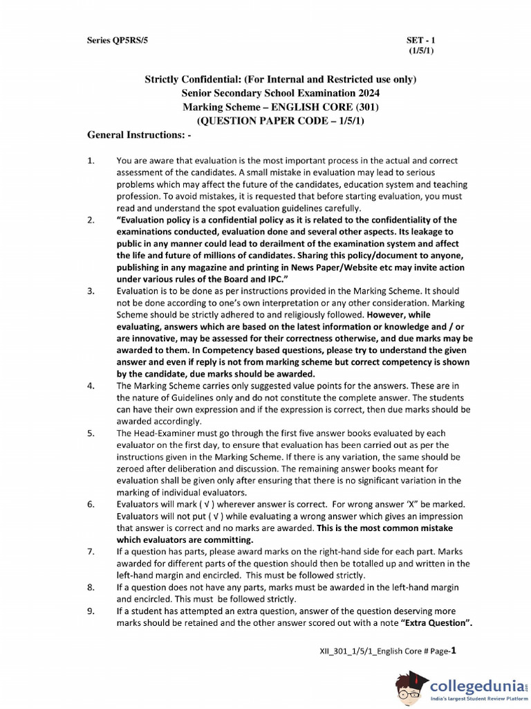 CBSE Class 12 English Answer Key 2024 Set 1 1 5 1 | PDF