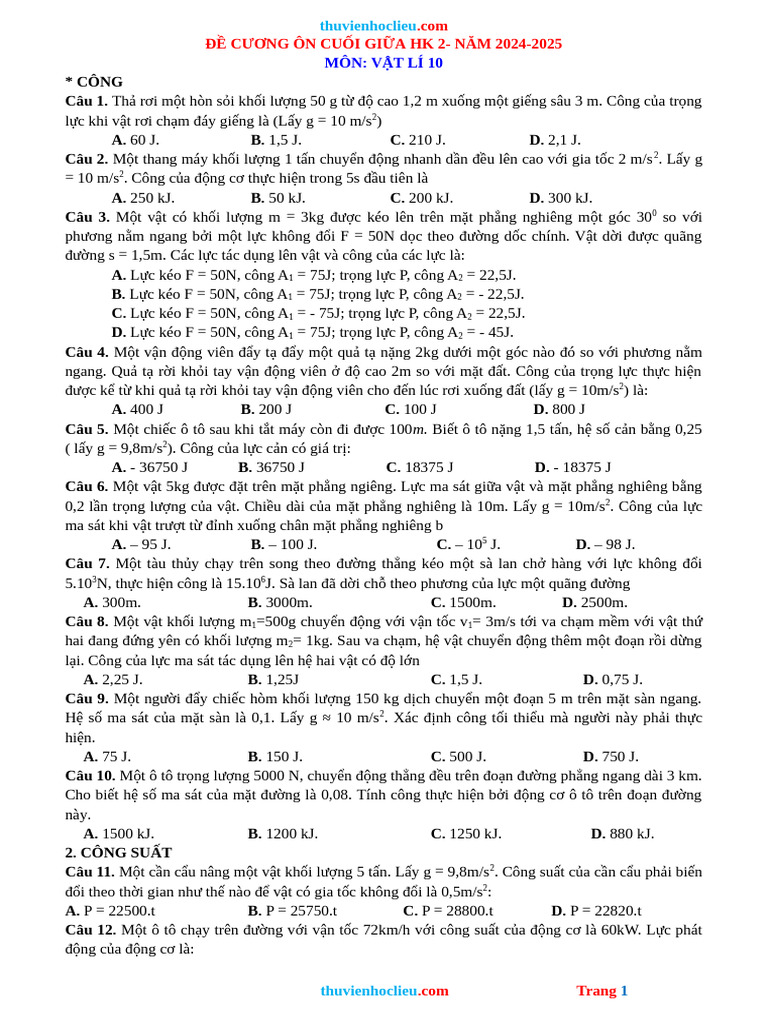 De Cuong On Tap Giua HK2 Vat Li 10 KNTT 24 25 | PDF