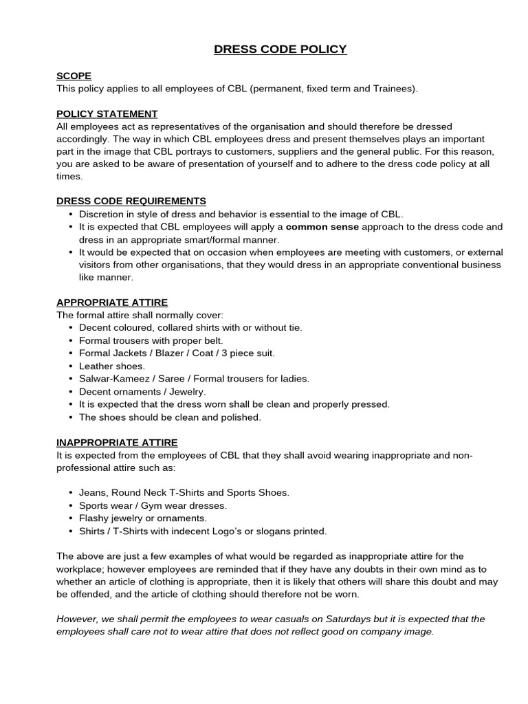 CBL Dress Code Policy Overview | PDF