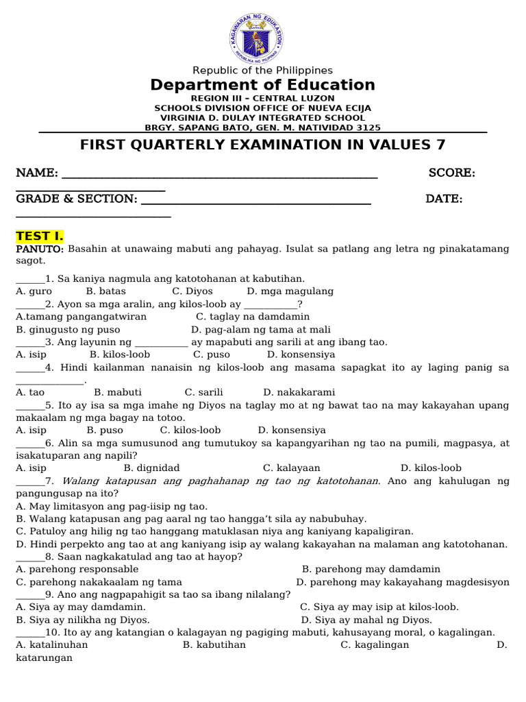 VALUES 7 1st Quarter Exam | PDF