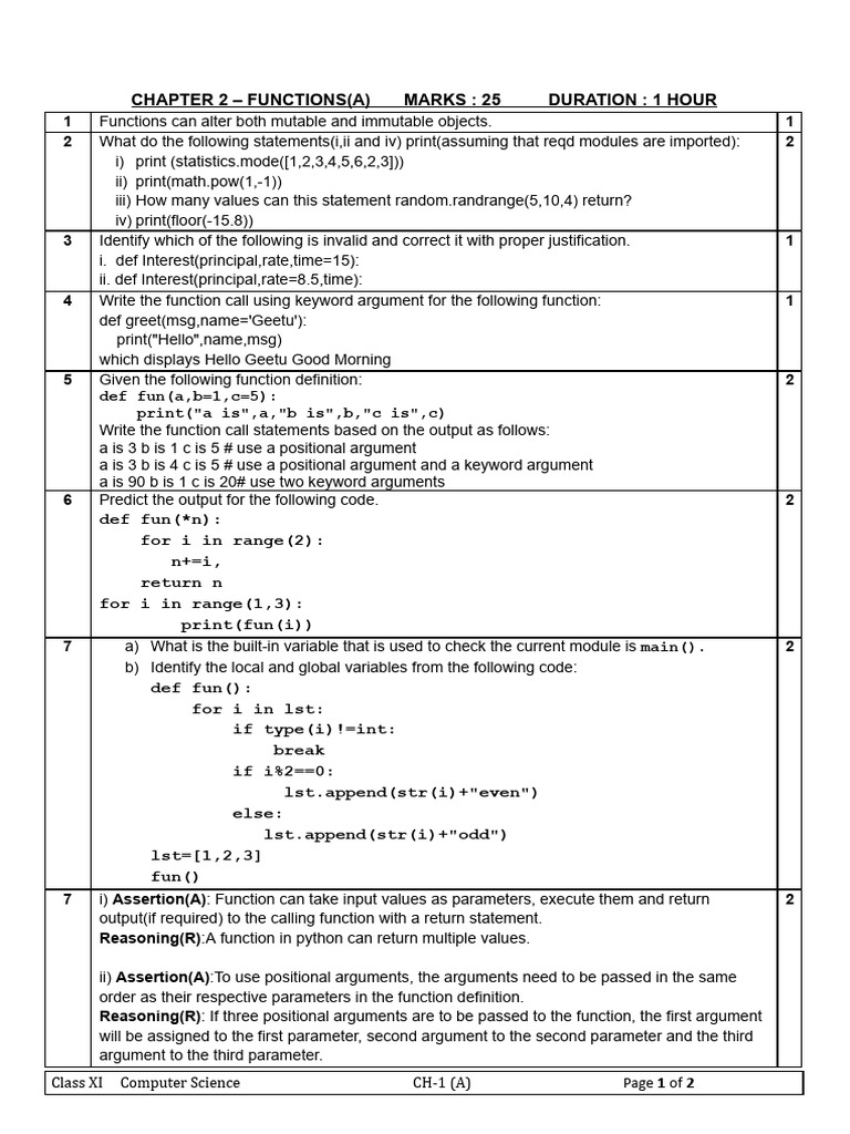 FUNCTIONS PYTHON REVISION CHENNAI PUBLIC SCHOOL | PDF | Parameter (Computer Programming ...