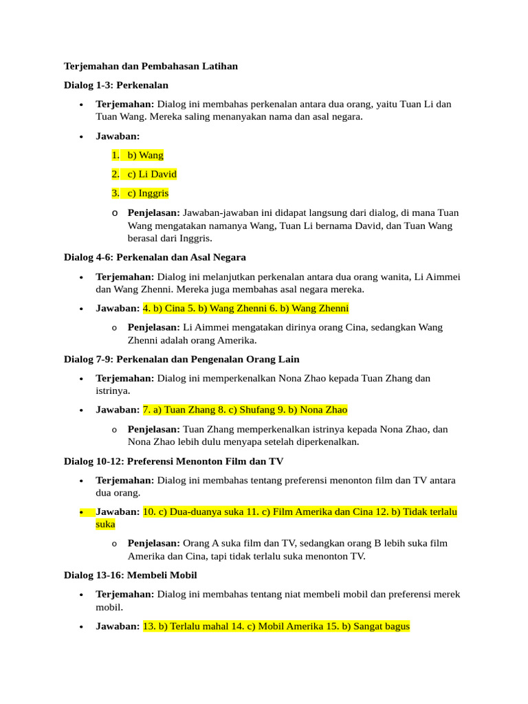 Terjemahan Dan Pembahasan Latihan UAS Bahasa Mandarin | PDF