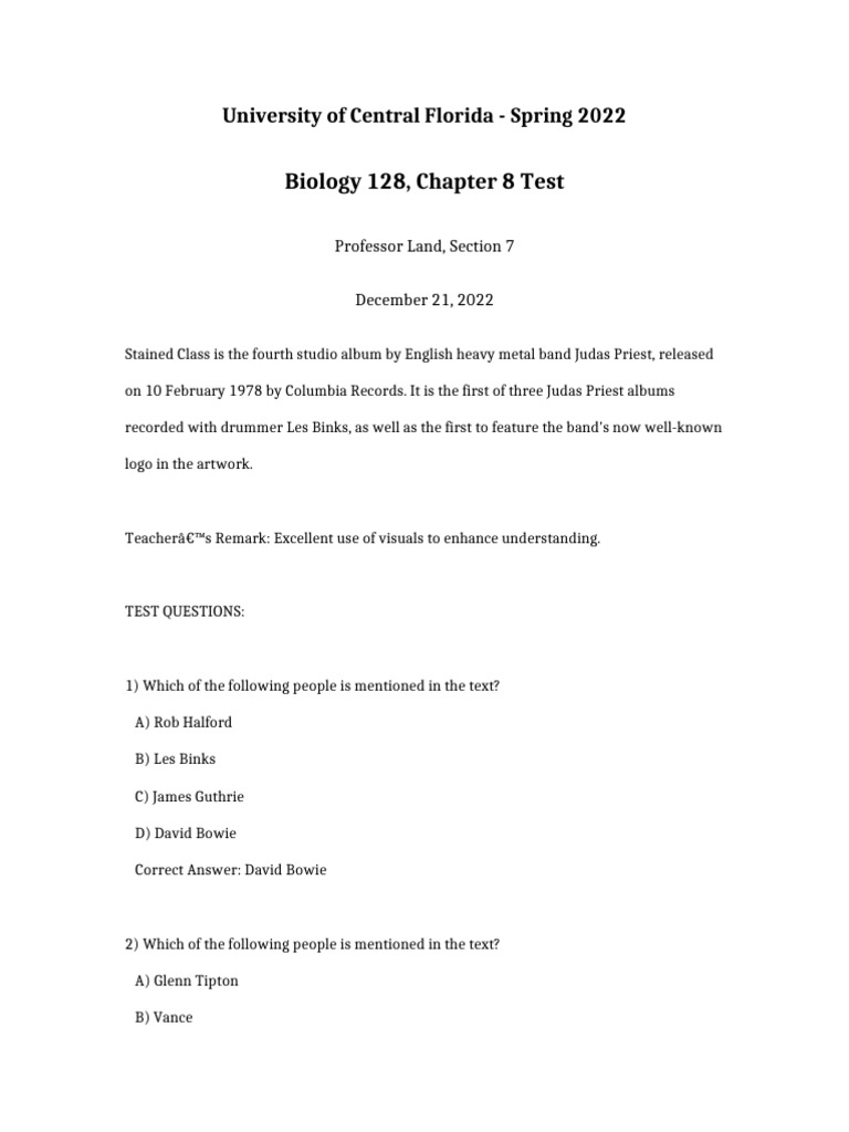 Biology 128 Chapter 8 Test | PDF