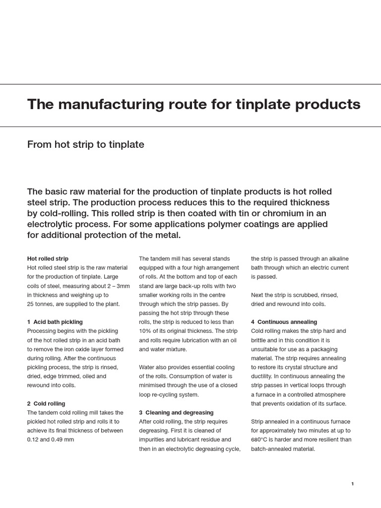 Tinplate Manufacturing Route | PDF | Rolling (Metalworking) | Steel