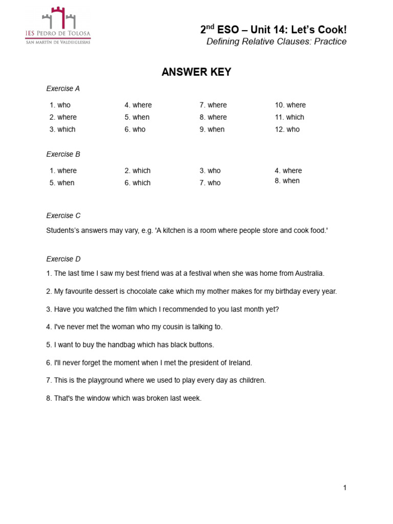 U14 Defining Relative Clauses Practice (ANSWER KEY) | PDF