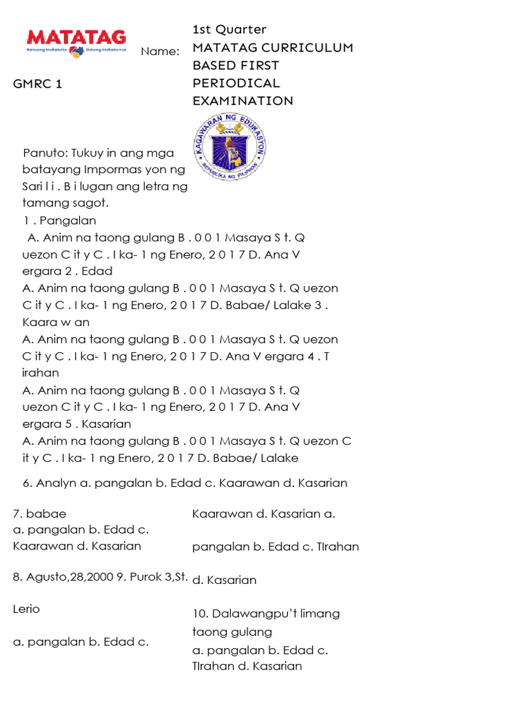 Q1 G1 Periodical Exam GMRC 2 | PDF