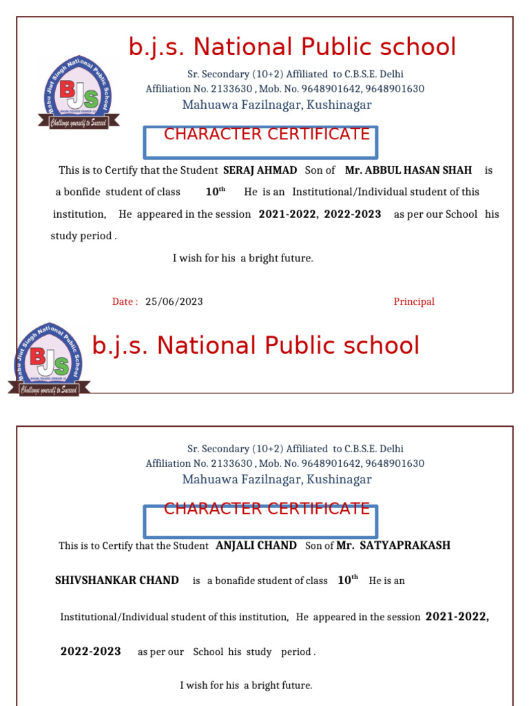 Character Certificates for Class 10 Students | PDF | Schools ...
