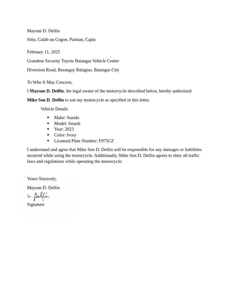 Motorcycle Authorization Letter Sample | PDF