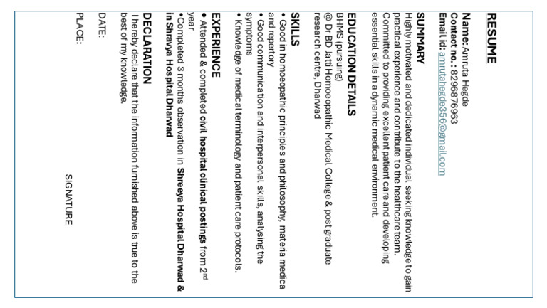 BHMS Doctor Resume of Amruta Hegde | PDF