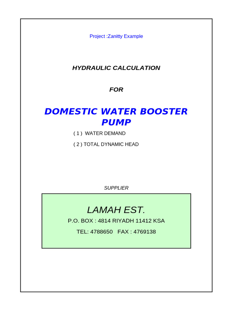 Domestic Water Booster Pump Calculations | PDF | Pipe (Fluid Conveyance ...