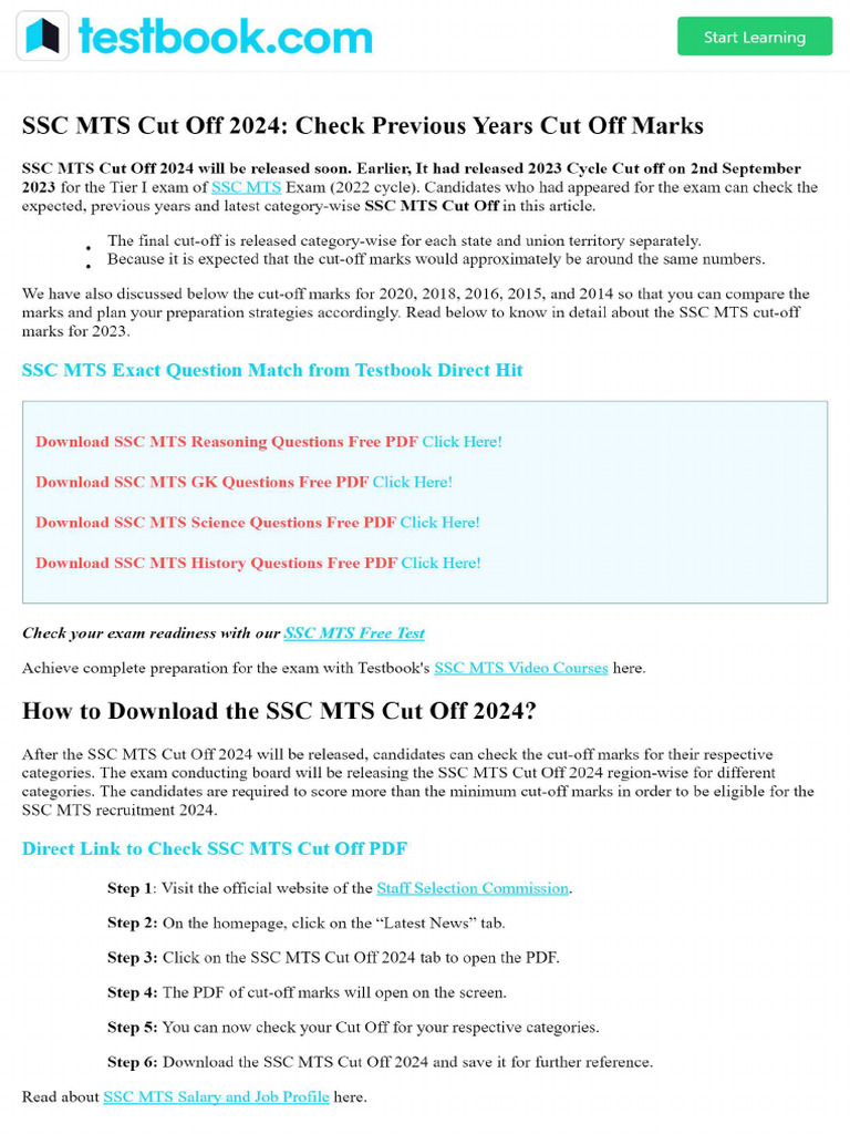 SSC MTS Cut Off 2024 - Check Previous Years Cut Off Marks | PDF
