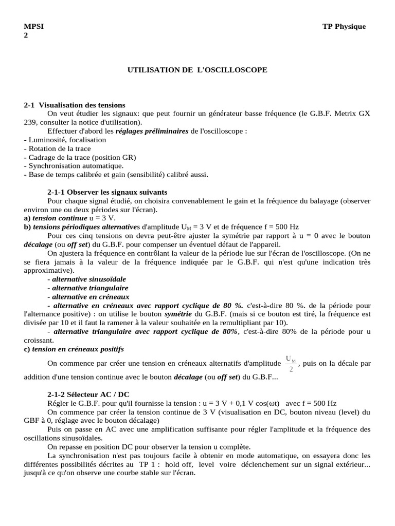 Utilisation de l'Oscilloscope en TP Physique | PDF | Fréquence | Résonance