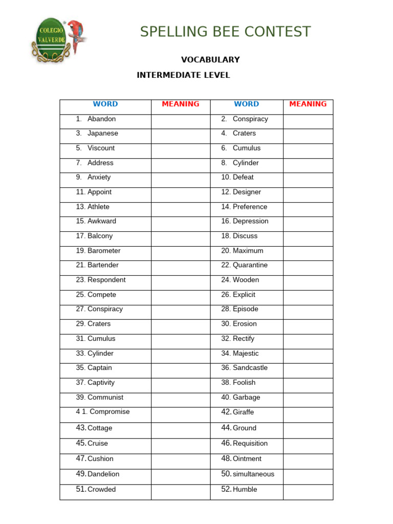 Vocabulary Spelling Bee Intermediate | PDF
