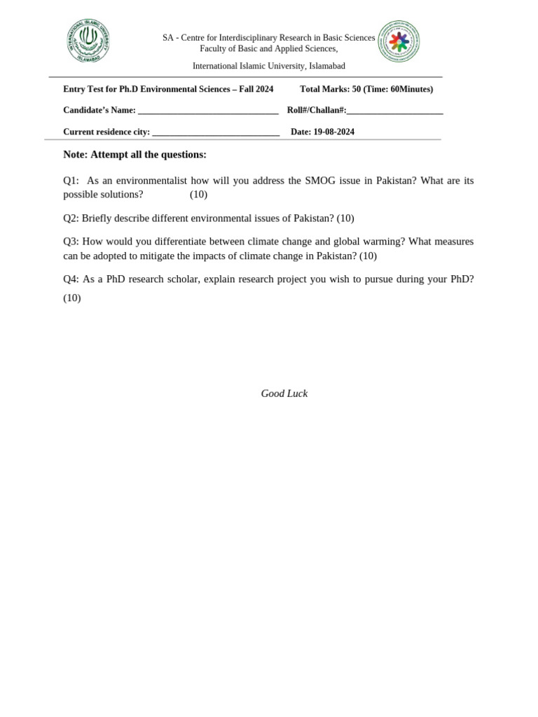 PhD Environmental Sciences Entry Test 2024 | PDF