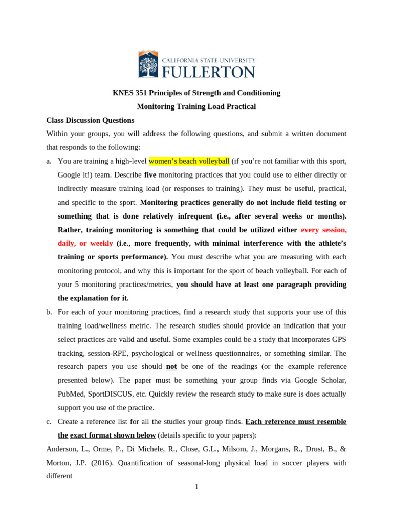 Monitoring Training Load in KNES 351 | PDF