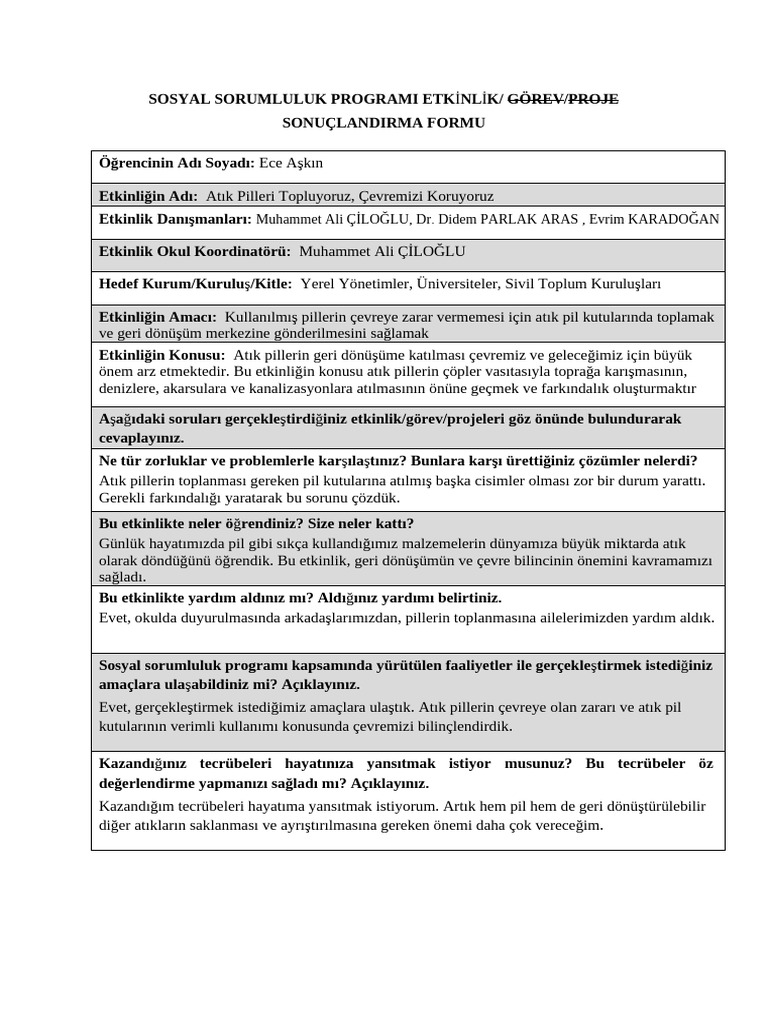 Sosyal Sorumluluk Öğrenci Formu | PDF