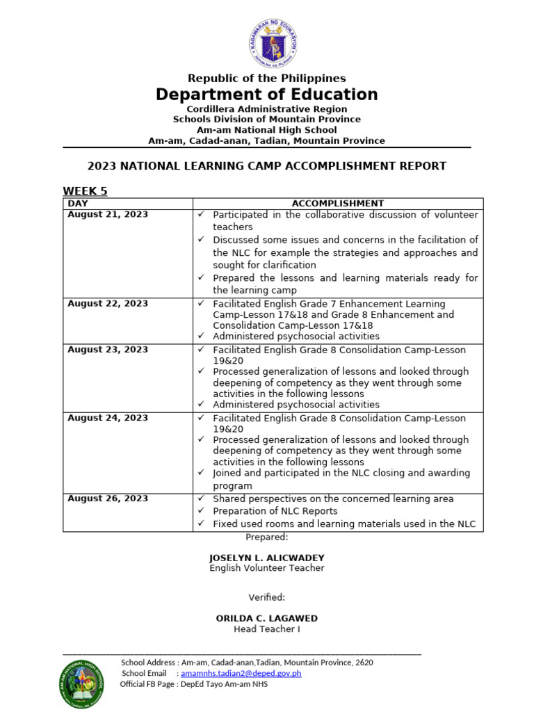NLC - wk5 - Teacher's - Accomp. Report | PDF | Learning | Behavior Modification