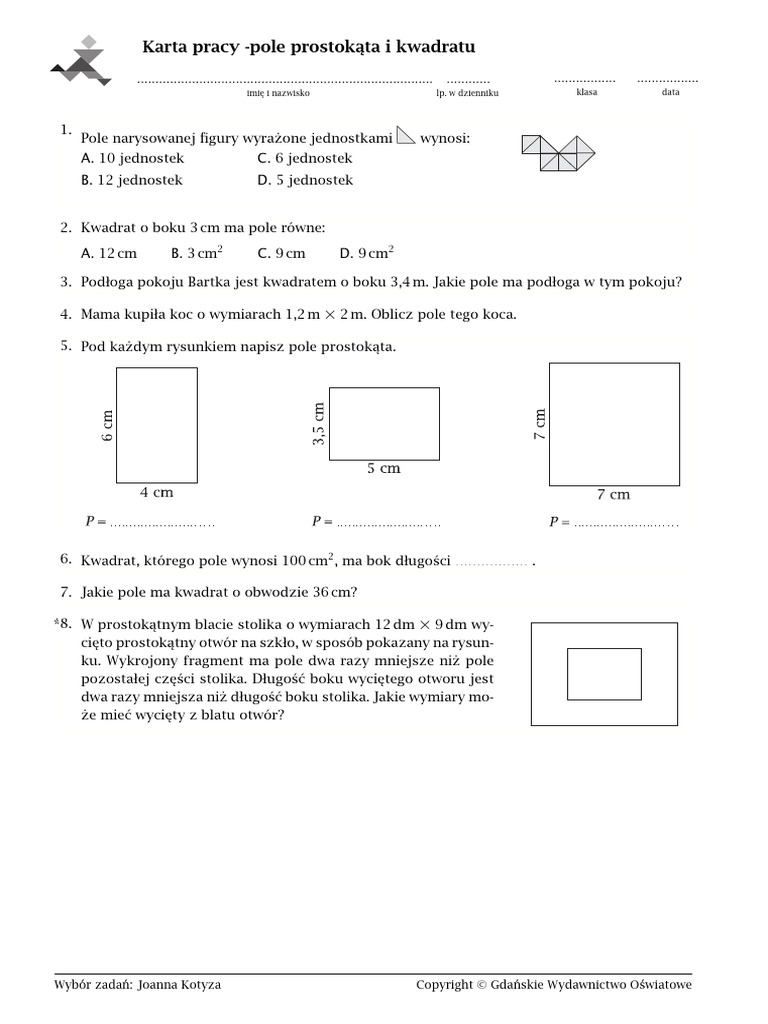 Karta Pracy KL 5 (Pole Prostokata) | PDF
