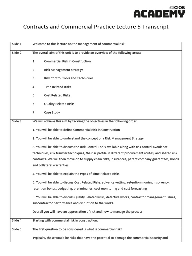 CCP Lecture 5 Transcript | PDF | Risk Management | Risk