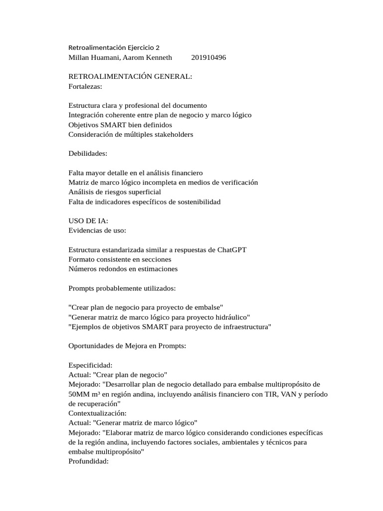Retroalimentación Ejercicio 2 - Millán Huamani | PDF | Plan de negocios | Sustentabilidad
