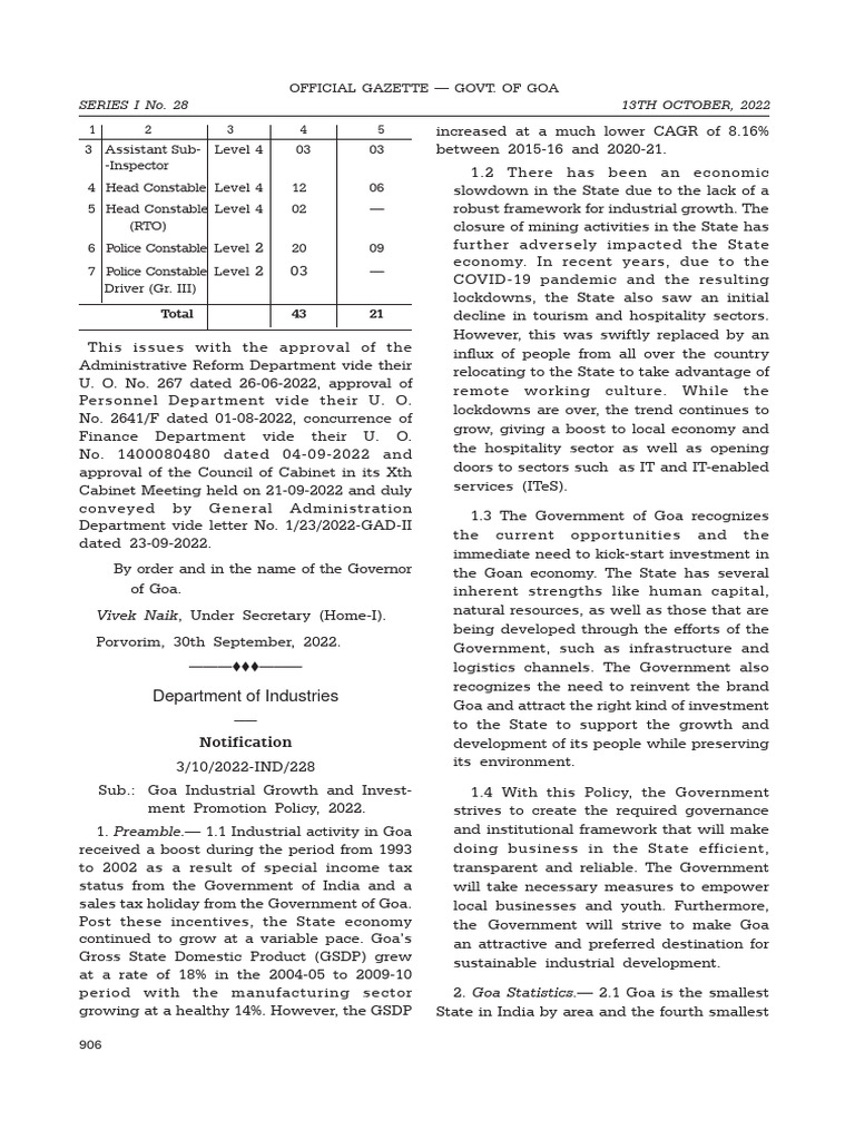 Goa Industrial Growth Policy 2022 | PDF | Agriculture | Tourism