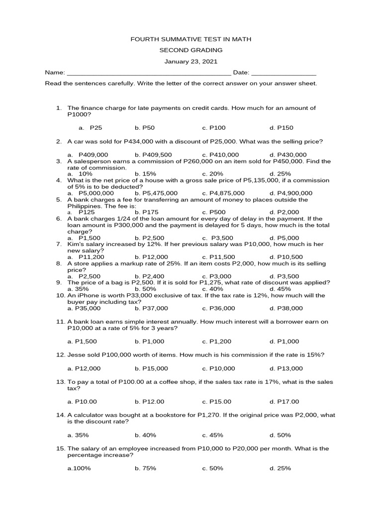 Fourth Summative Test in Math | PDF | Payments | Personal Finance
