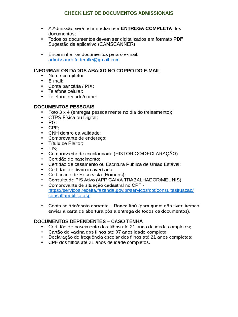 Documentos Necessários para Admissão | PDF