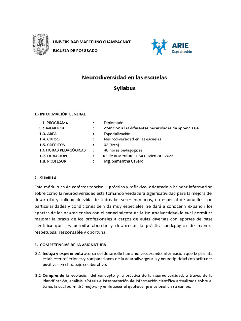 Syllabus Mod 2 DADINA 2024 Neurodiversidad | PDF | Evaluación | Aprendizaje