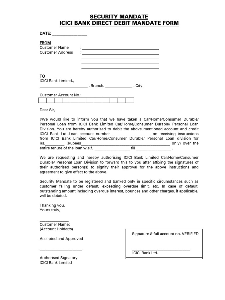 ICICI Bank Security Debit Mandate Form | PDF