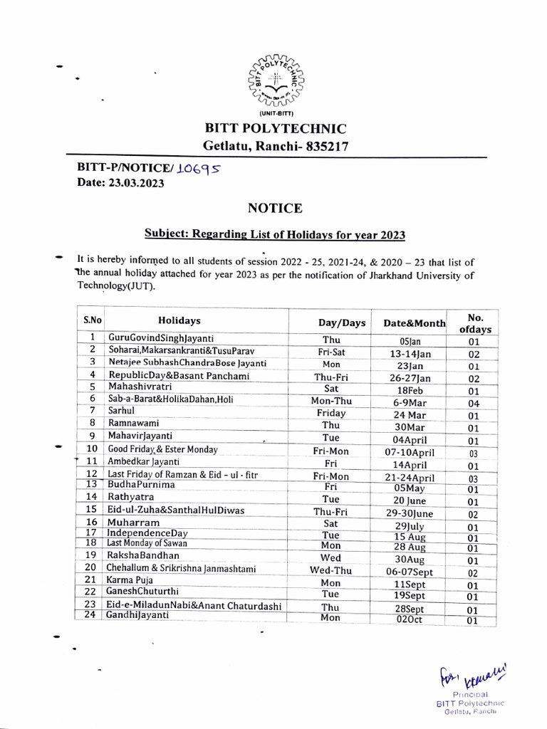 Notice - List of Holidays For Year 2023 | PDF | Religious Festivals | Religious Holidays