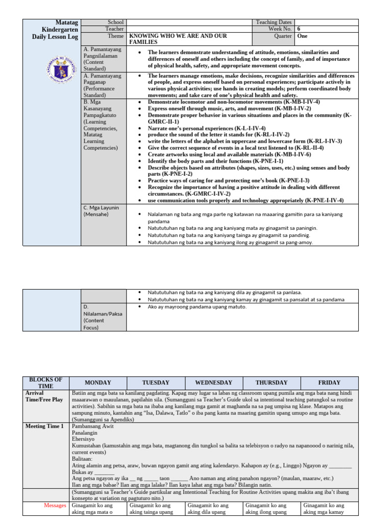 Kindergarten DLL MATATAG Q1 Week - 6 | PDF