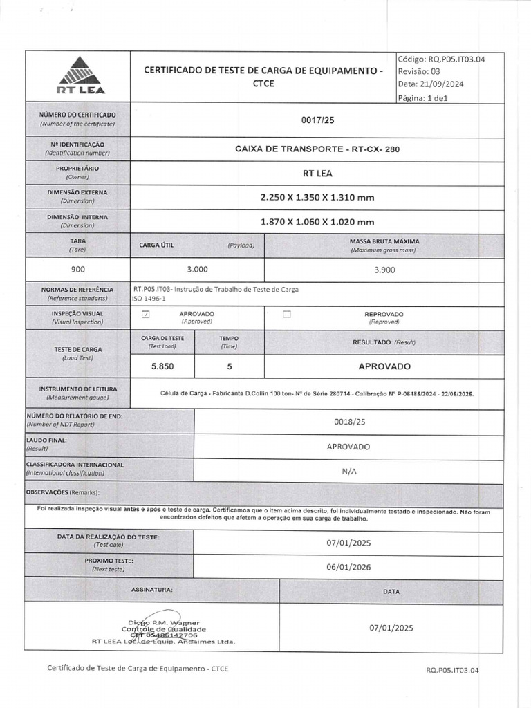 Certificados (Caixa Rt-cx-280 e Eslinga Rt-1461) | PDF