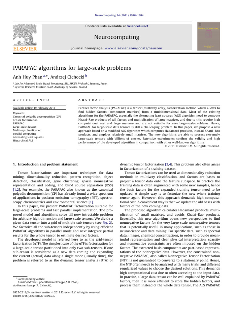PARAFAC Algorithms For Large Scale Probl | PDF | Tensor | Matrix (Mathematics)