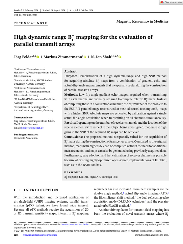 Magnetic Resonance in Med - 2024 - Felder - High Dynamic Range B1 Mapping For The Evaluation of ...