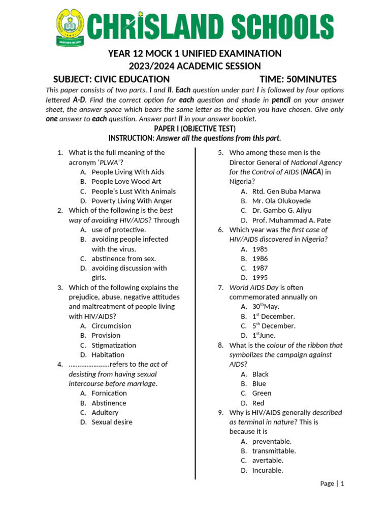 Civic Education Year 12 Mcq. | PDF | Hiv/Aids | Democracy
