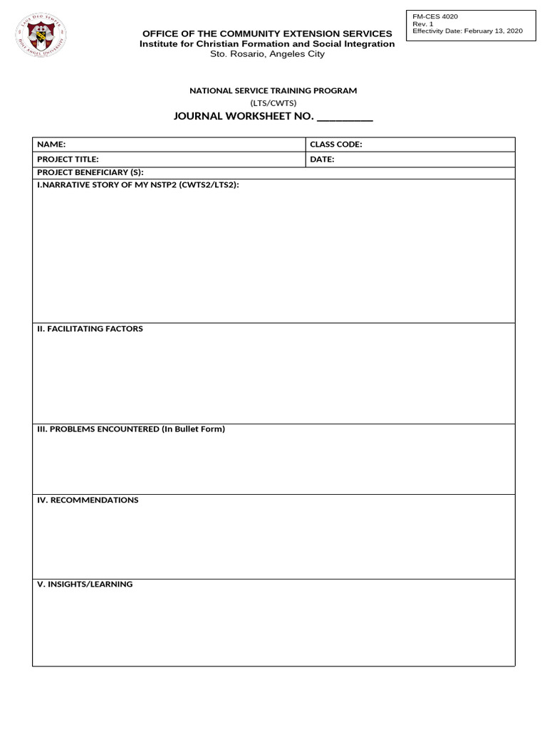 FM CES 4020 - Journal Worksheet - v2 | PDF