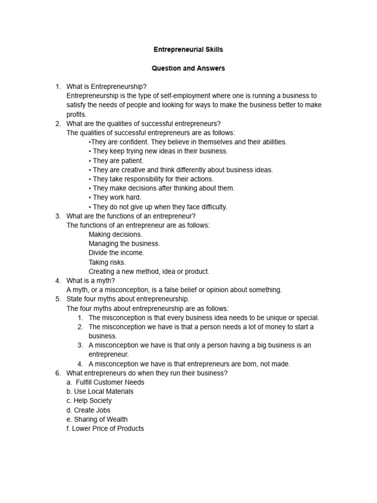 Entrepreneurial Skills Question and Answers | PDF | Entrepreneurship ...
