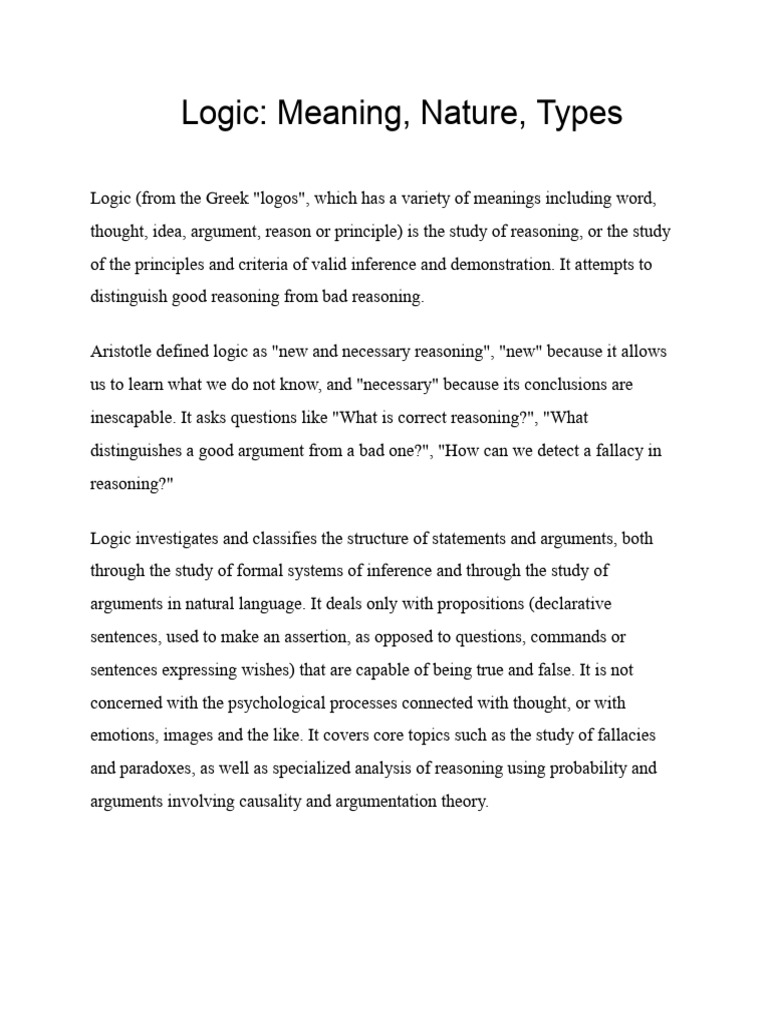 Logic - Meaning, Nature, Types | PDF | Logic | Reason