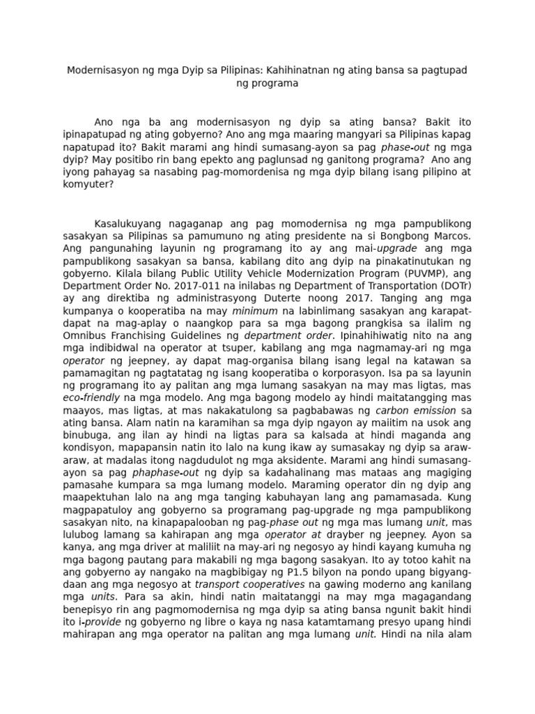 Modernisasyon NG Mga Dyip Sa Pilipinas | PDF