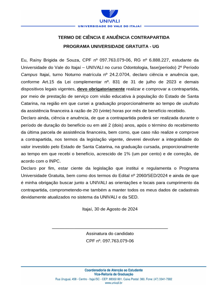 Termo de Ciência e Anuência A Contrapartida de 20h Mensais | PDF