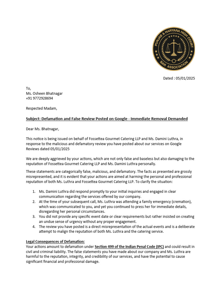 Defamation Notice to Osheen Bhatnagar | PDF | Defamation | Crimes